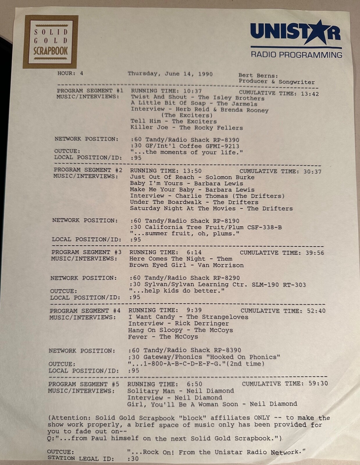 Unistar Solid Gold Scrapbook Rock Radio Program Record NRMT June 14 ...
