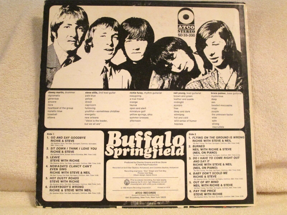 BUFFALO SPRINGFIELD ORIGINAL 1966 STEREO DEBUT ATCO W/DELETED TRACK! EX ...