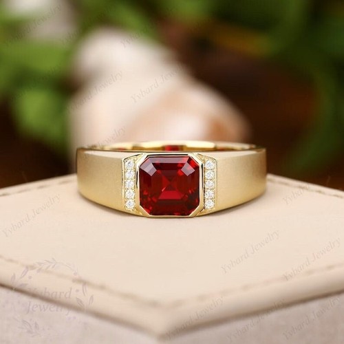 18K/14K/10K Solid Yellow Gold Natural Ruby Ring For Men Gold Band Red Gemstone | eBay
