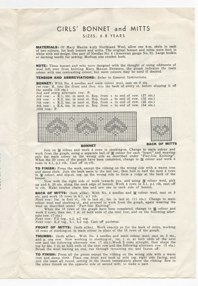 MARY MAXIM #480 pattern Children's Mitts Bonnet Toque GRAPH PATTERN | eBay