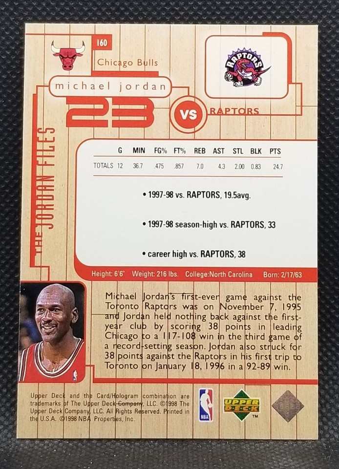 1998 Upper Deck MJ23 Michael Jordan Bulls Vs Raptors Stats #160 | eBay