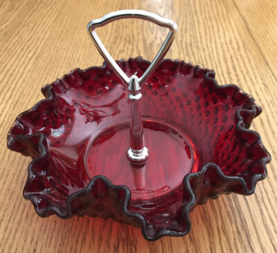 Fenton Ruby Red Glass Hobnail Center Handle Ruffled Edge Candy Nut Dish ...