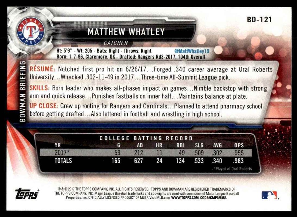 2017 Bowman Draft Matthew Whatley Auto Texas Rangers #BD-121 Signed ...