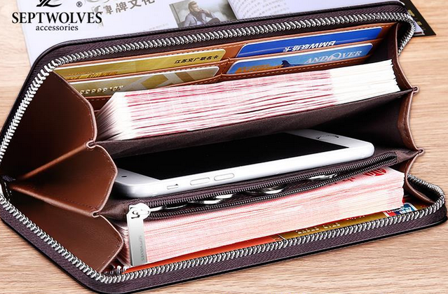 Septwolves men cow leather wallet purse zip bag Clutch pocket brown ...