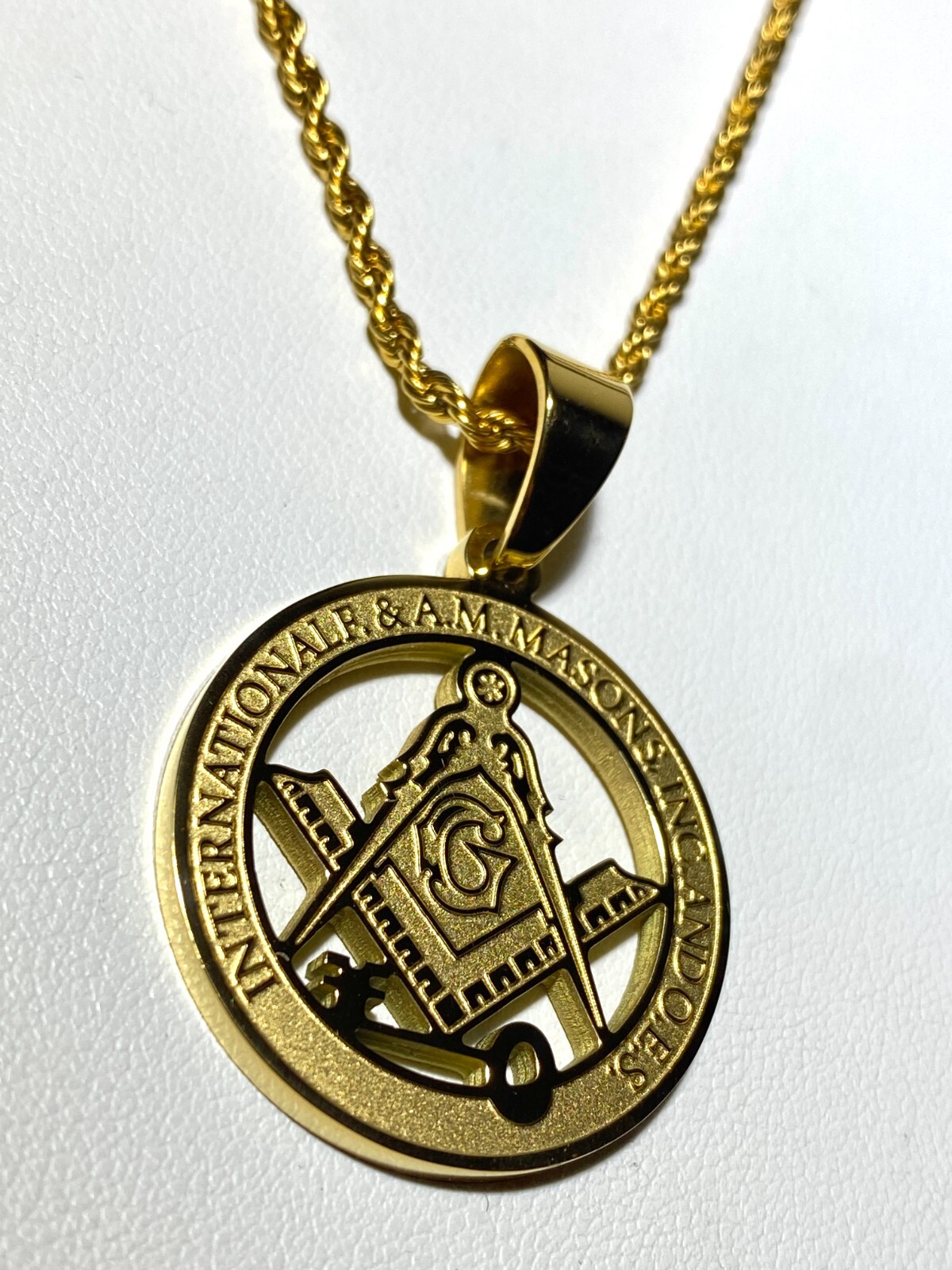 Mens 14k Gold Mason Symbol G Masonic Freemason Black Pendant Rope Chain ...