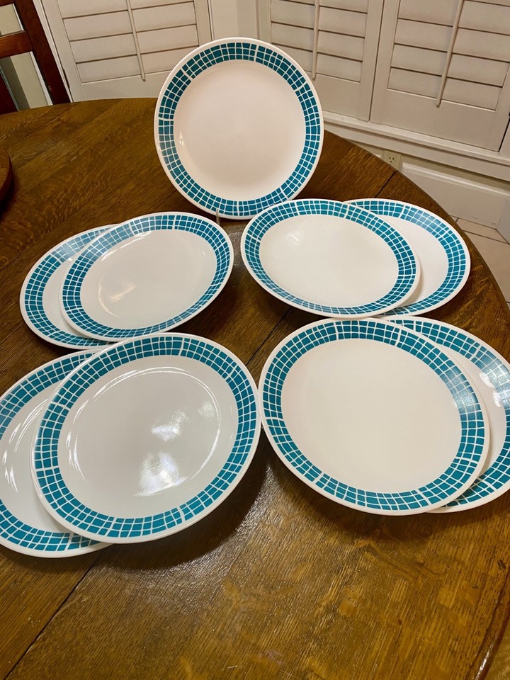 Lot of 9 Corelle Aqua Tiles Dinner Plates 10 1/4” White And Teal EUC | eBay