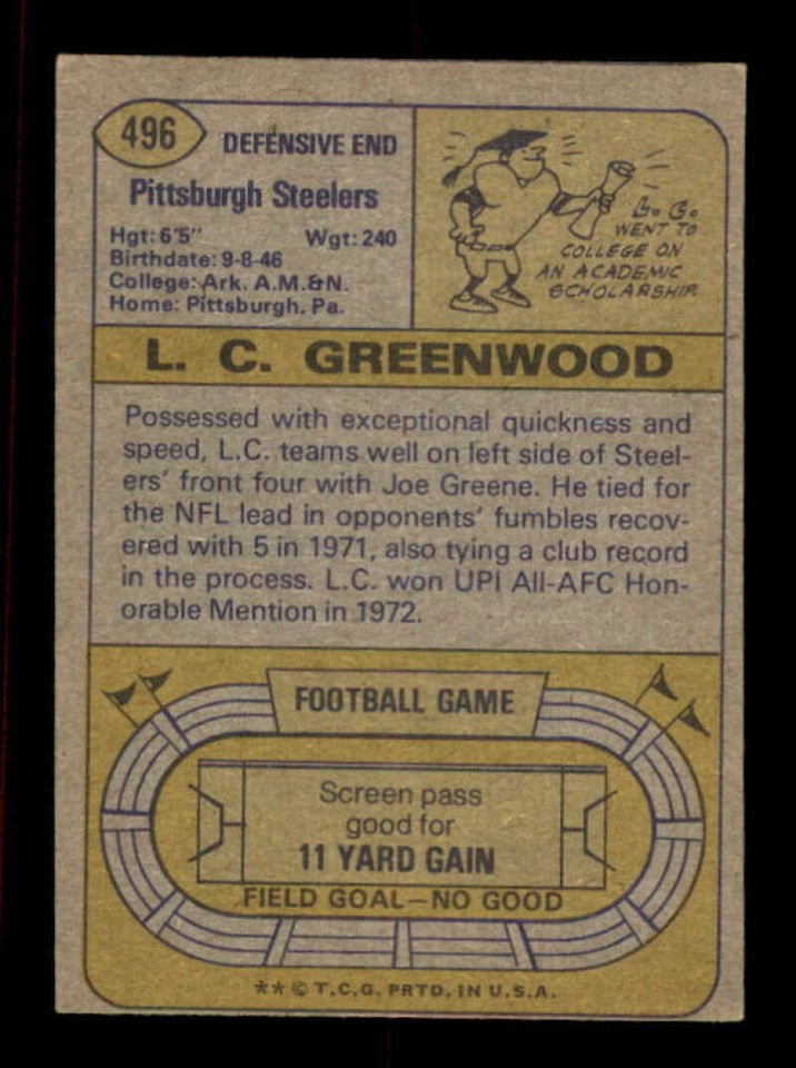 1974 Topps #496 L.C. Greenwood EX/EX+ Steelers 551195 | eBay