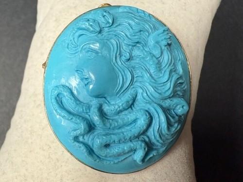 Cameo brooch pin pendant carved turquoise. 14k yg bezel. artist signed ...