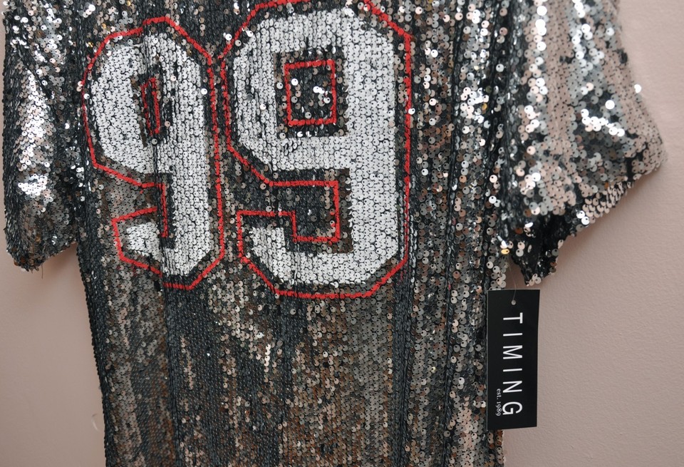 Game Day Sequin Football Jersey Dress Silver Red #99 Oversized Sparkle ...