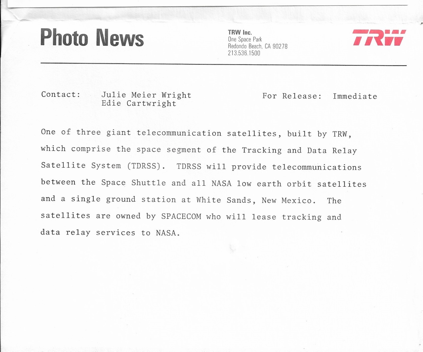 GIANT TELECOMMUNICATION SATELLITE BUIT BY TRW FOR NASA 8" X 10" B/W ...