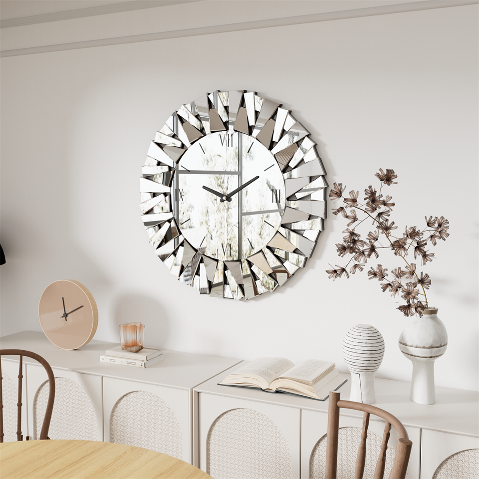 Full Mirrored Round Bevelled Wall Clock Large Roman Numeral Silent ...