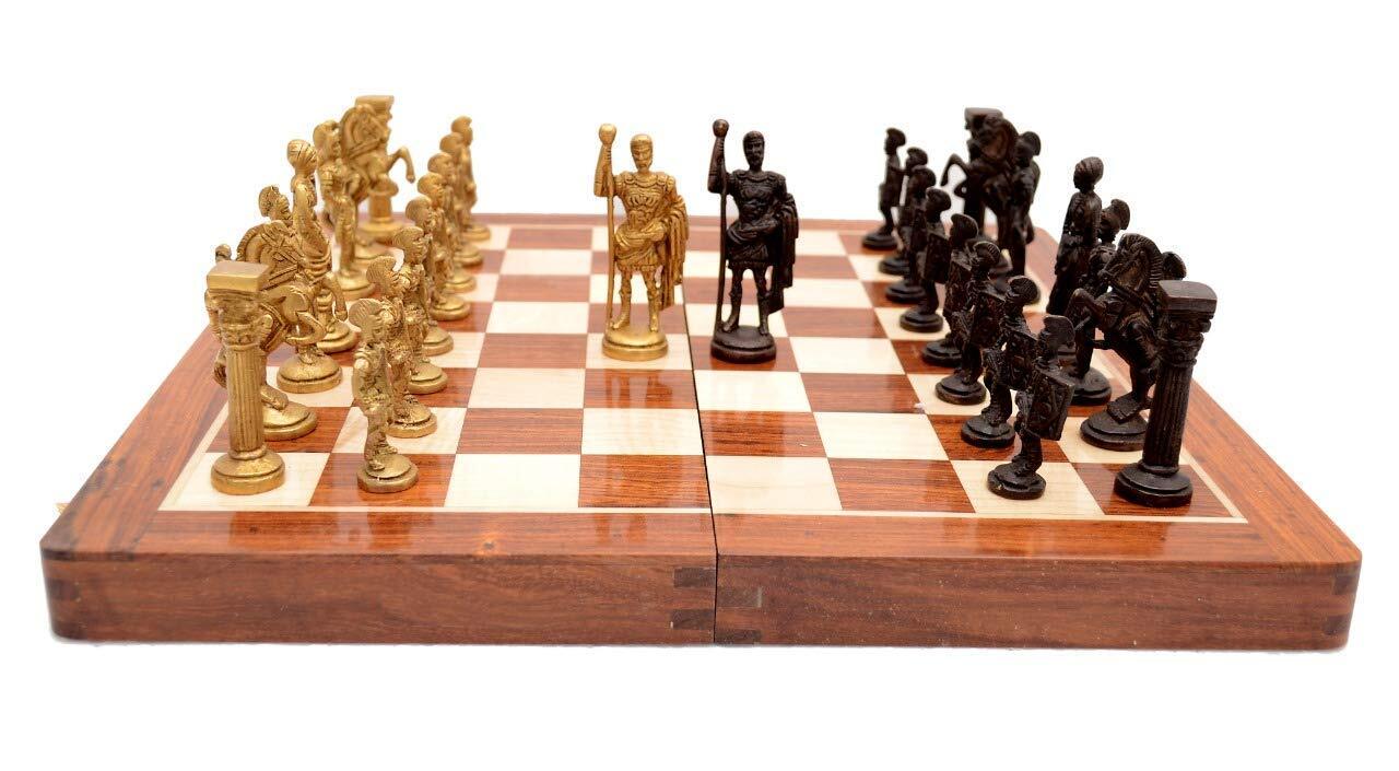 ANTIQUE Brass Roman Chess Set With Wooden Board (14"X14") For 4 Years ...