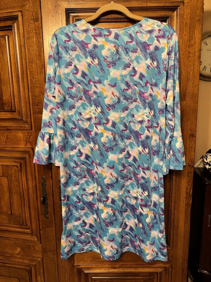 Carribean Joe Shift Dress Womens M Blue Tropical 3/4 Ruffle Sleeve V ...