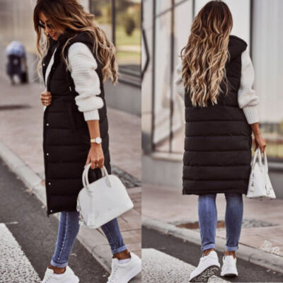 WOMENS LADIES LONG LINE HOODED PUFFER GILET JACKET PADDED VEST BODY ...