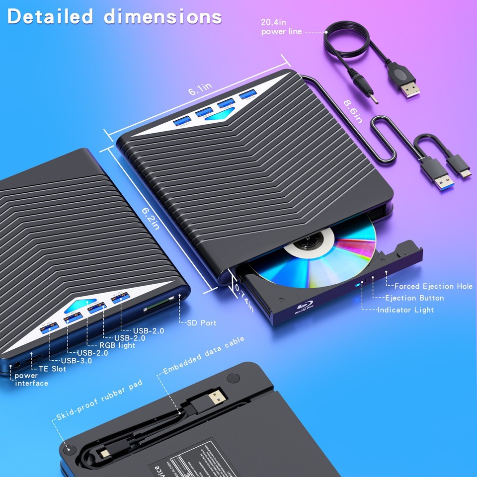 External CD DVD Drive, USB 3.0 Player Burner Writer, for PC Laptop ...