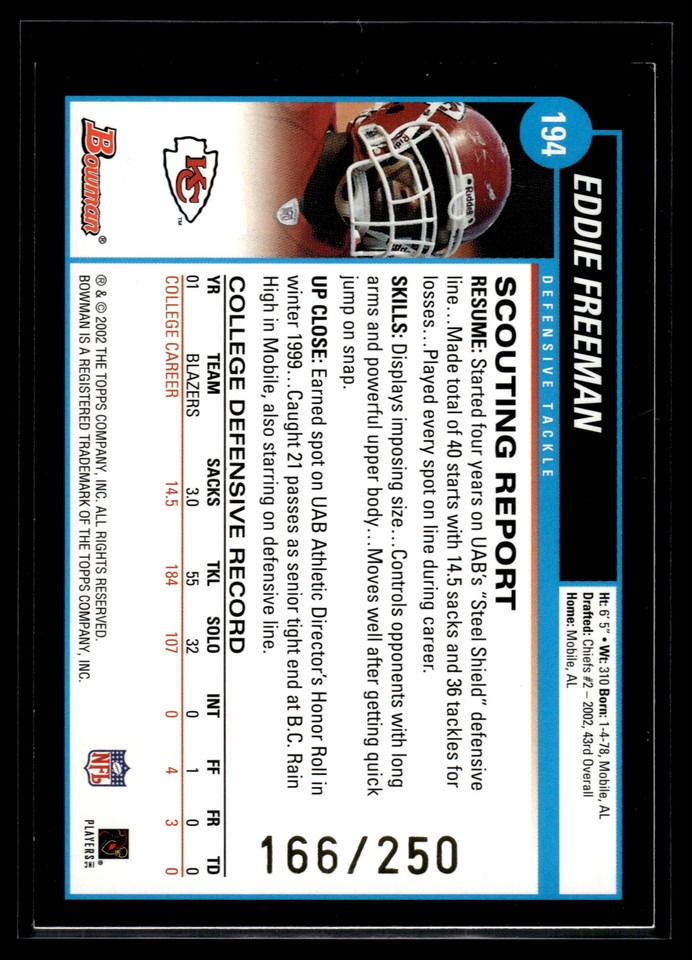 Eddie Freeman 2002 Bowman Silver Rookie Card /250 #194 | eBay