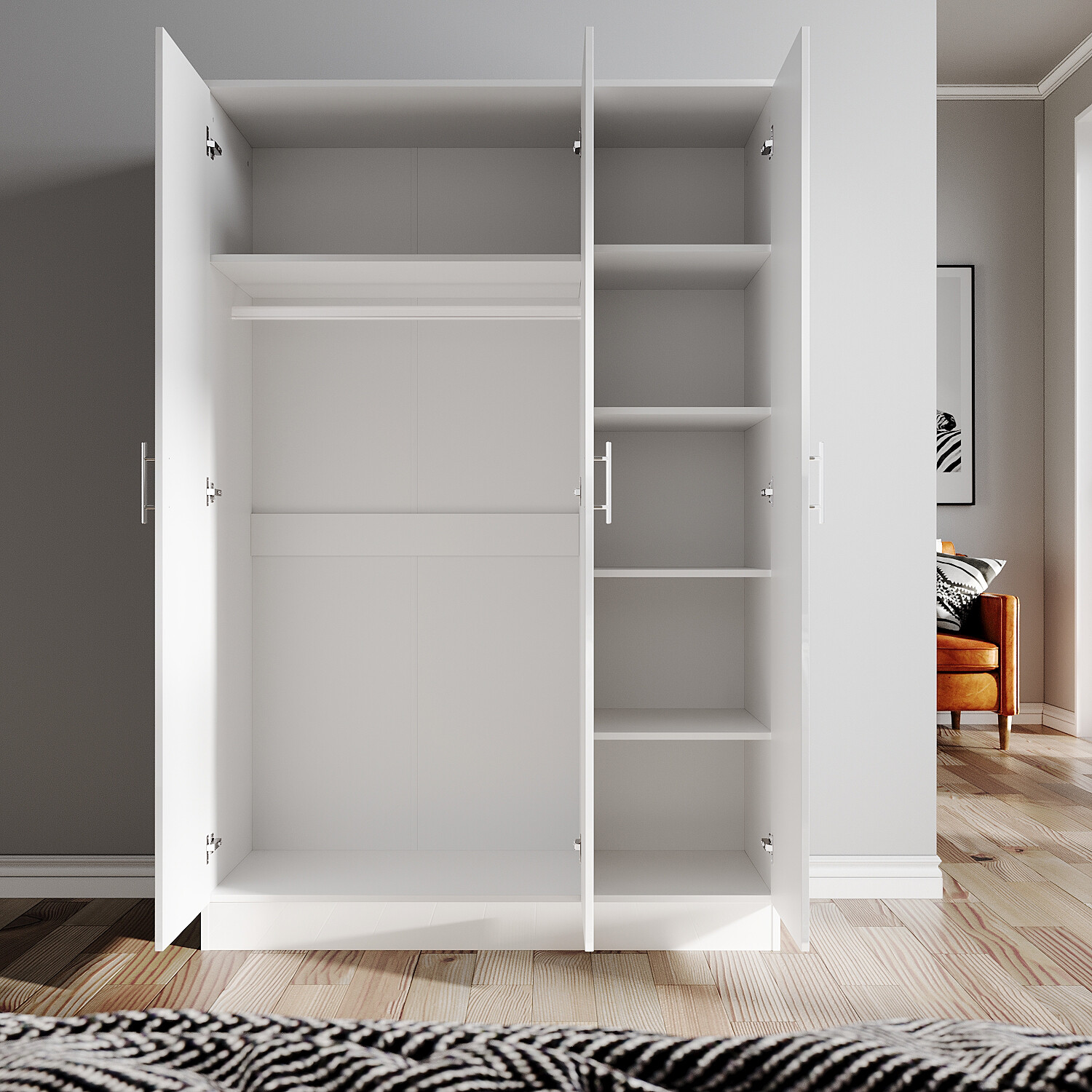 3 Door Triple Wardrobe White Gloss with Hanging Rail & Shelves Bedroom ...