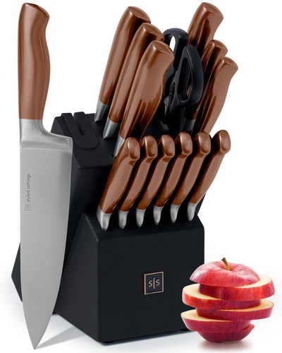 Copper Knife Set with Block and Sharpener – 14-Piece Rose Gold Knives ...