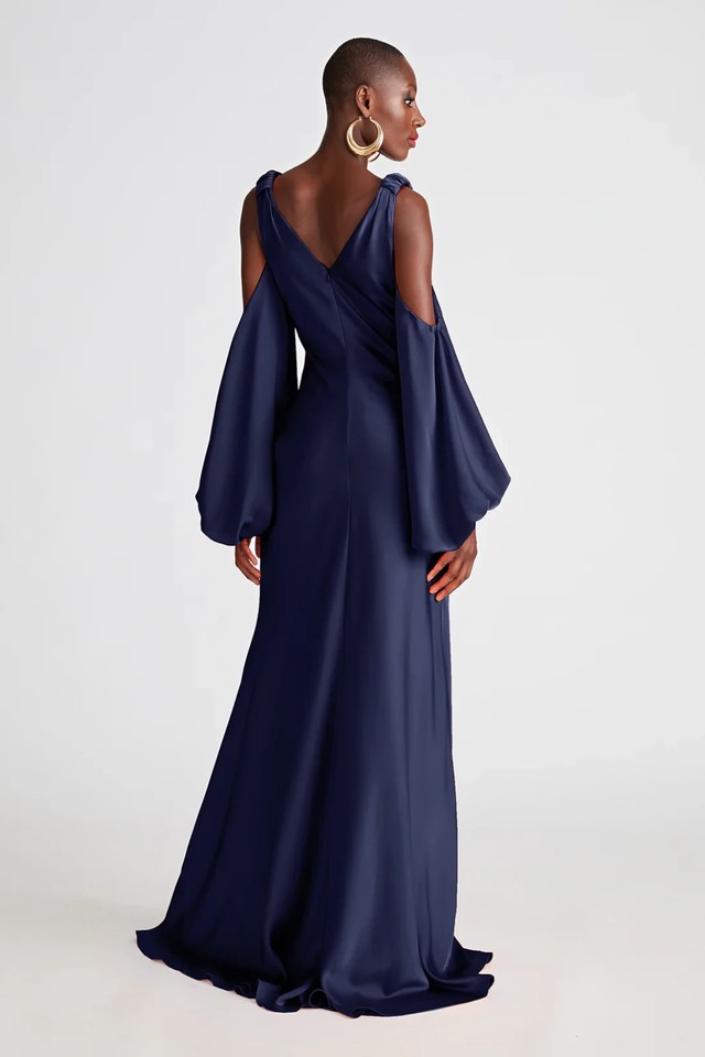 Halston Women's Navy Satin Cold-Shoulder Balloon Sleeve Binnie Dress ...