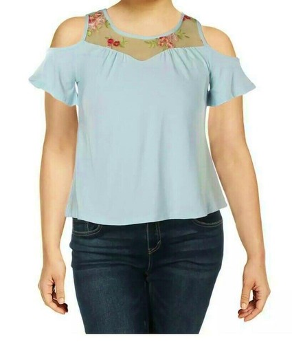 Ikeddi Ultra Flirt Embroidered Cold Shoulder Top Blue Juniors Medium ...