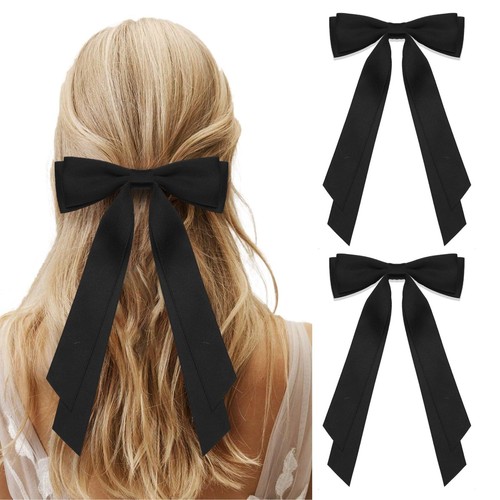 Black Satin Hair Bow Clips 2PCS with Long Tails Metal Clips for Women ...