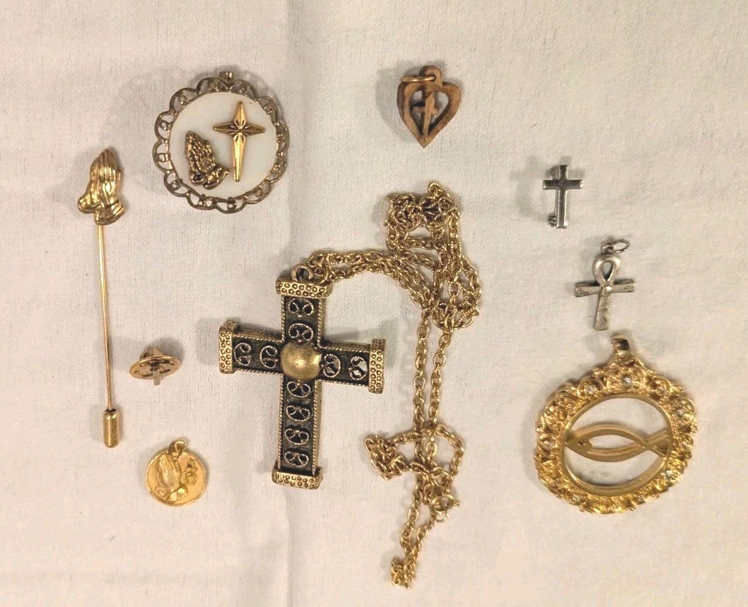 Vintage Religious Jewelry Lot Cross Pendants Pins Lord’s Prayer Medal ...