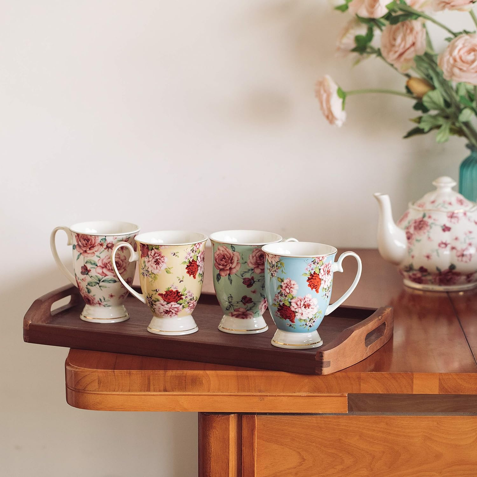 Btat- Coffee Mugs, 12 Oz, Set of 4, Floral Mugs, Porcelain Bone China ...