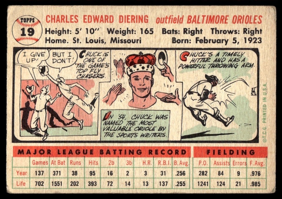 1956 Topps White Back Baseball Card Chuck Diering Baltimore Orioles #19 ...