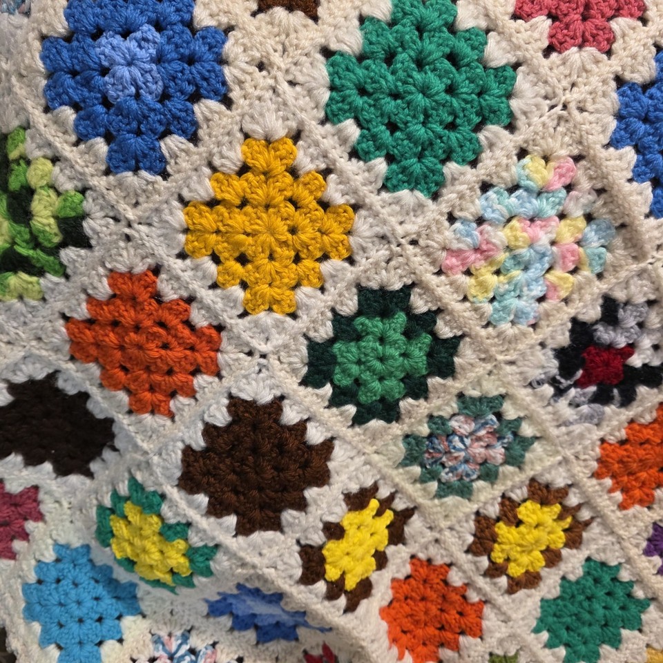 Vintage Crochet Granny-Core Multicolor Afghan Blanket Handmade 46" x 43 ...