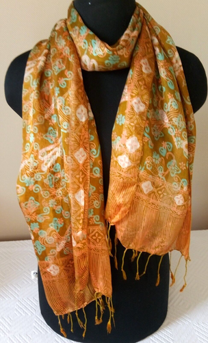 Silk Lovely Patterned Scarf Goldish Yellow Green Orange Fringe 66 in x ...