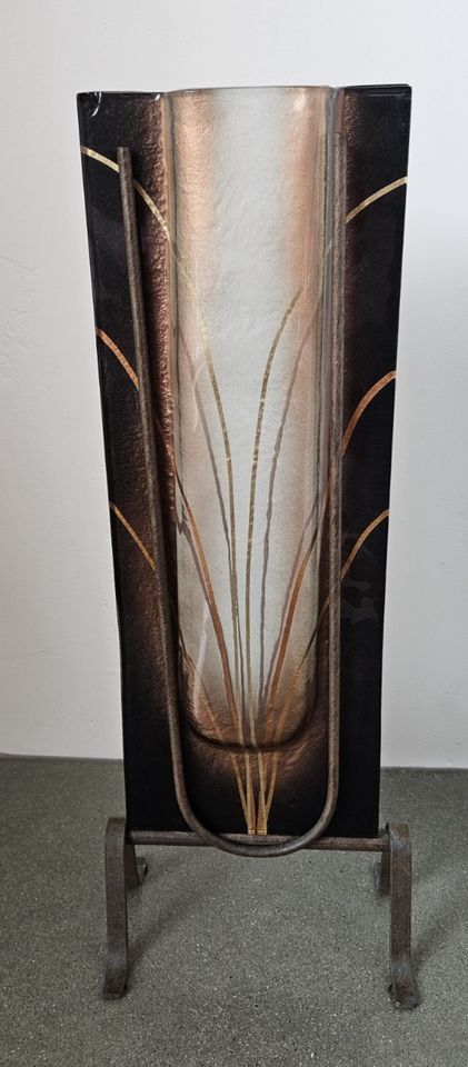 Mark Hines Signed Vase Slumped Glass with Iron Holder, Abstract ...