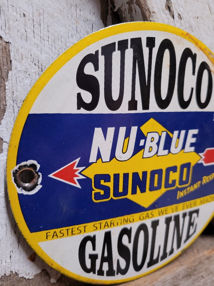 VINTAGE SUNOCO PORCELAIN SIGN NU-BLUE GASOLINE ADVERTISING OLD GAS PUMP ...