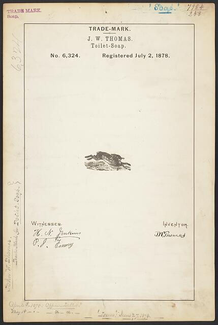 Photo:Trademark registration by J. W. Thomas for Hare brand Toilet-Soap ...