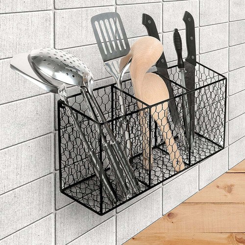 3 Compartment Black Rustic Chicken Wire Utensil Holder Basket, Kitchen ...