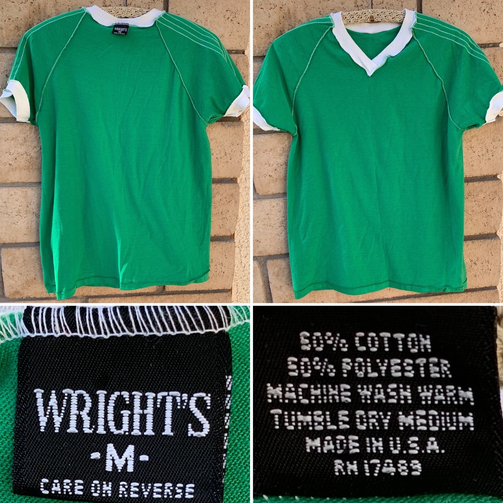 Vintage Wrights T Shirt Short Sleeve V Neck Ringer Tee Made In USA Size ...