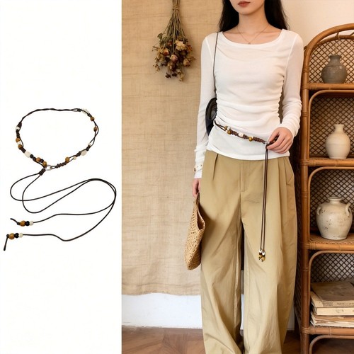Wooden Bead Waist Chain Adjustable Slenderizing Waist Rope for Dress ...