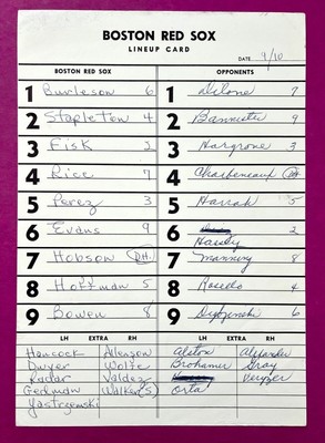 1980 BOSTON RED SOX vs CLEVELAND INDIANS GAME USED LINEUP CARD JIM RICE ...