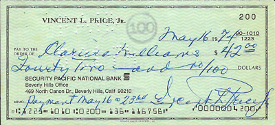 Vincent Price Memorabilia - Cancelled Check From Security Pacific ...