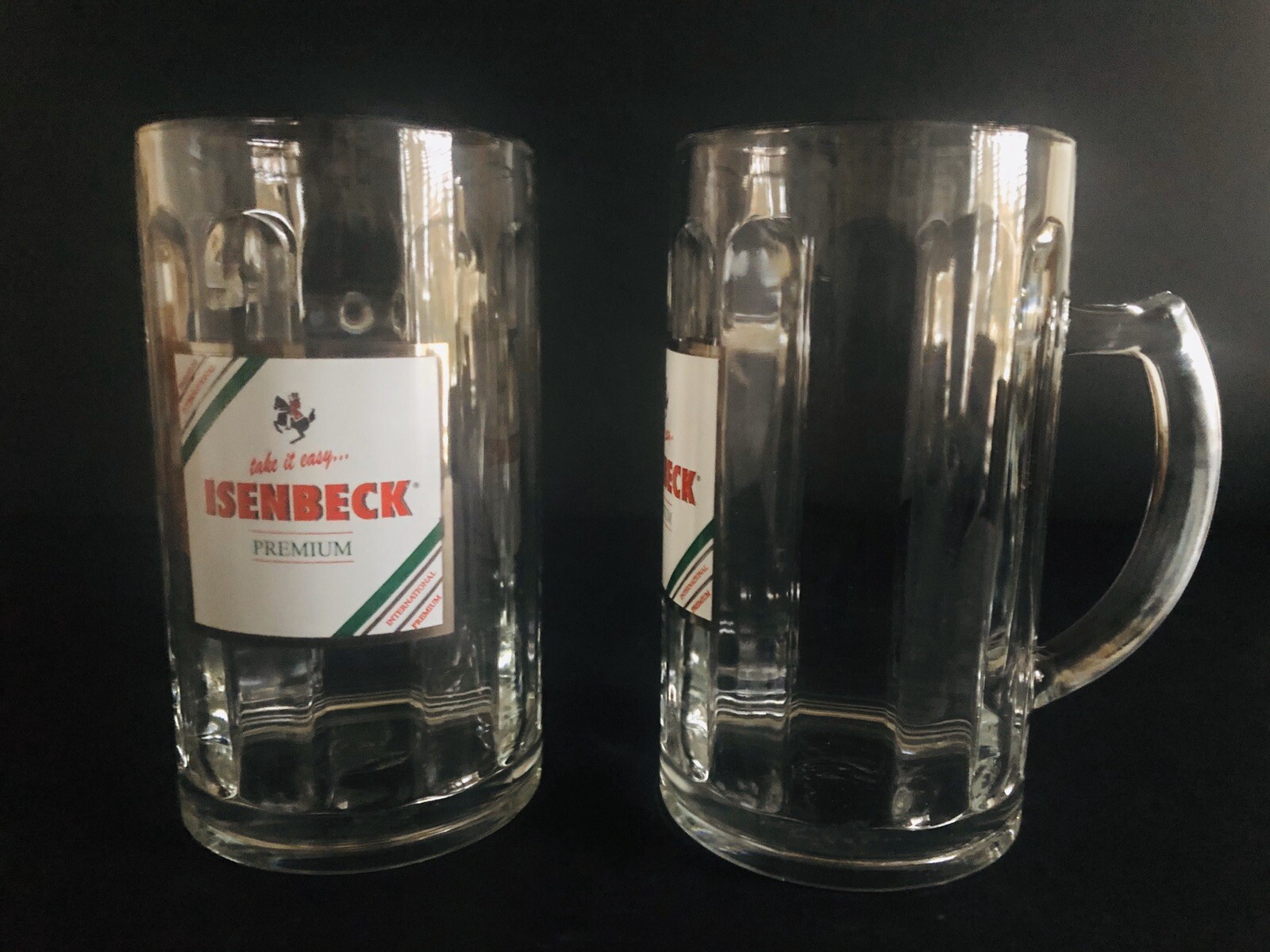 Vintage 1992 Set Of 2 Large Paneled Glass ISENBECK PREMIUM 20 Oz Beer ...