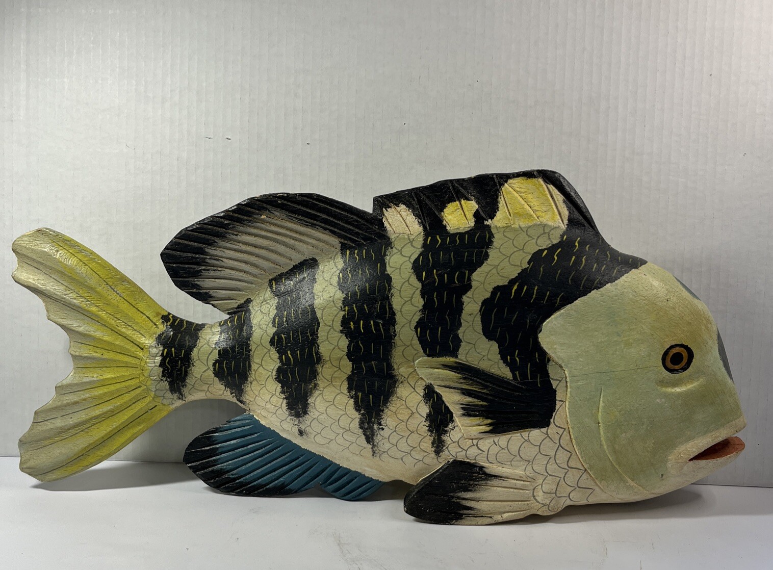 Large Wood Fish Bathroom Kids Room Decor Yellow Blue Fin Man Cave Hand ...