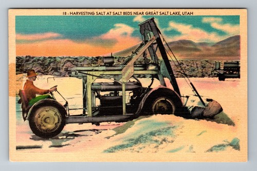 Great Salt Lake UT-Utah, Harvesting Salt at Salt Beds, Vintage Postcard ...