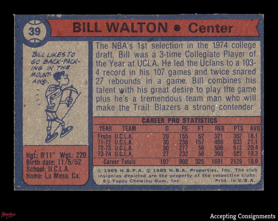 1974-75 Topps #39 Bill Walton ROOKIE RC TRAIL BLAZERS EX - EX/MT | eBay