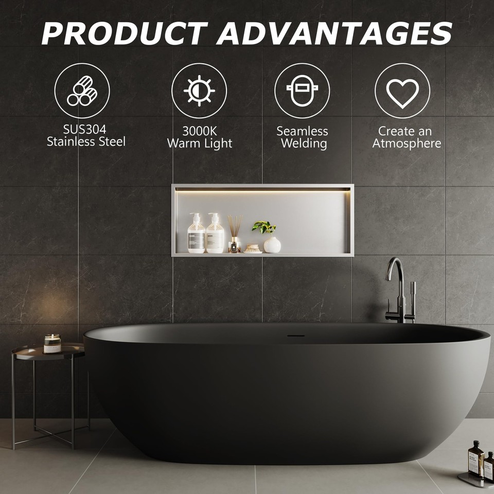 Stainless Steel Shower Niche 30" X 12", No Tile Needed Wall Niche with ...