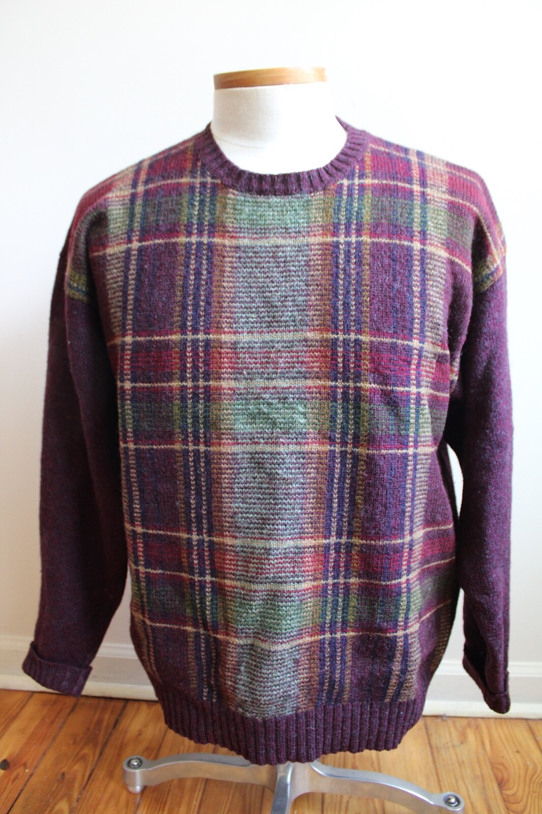Vtg Royal Scott L 100% Shetland Wool Plaid Knit Crew … - Gem