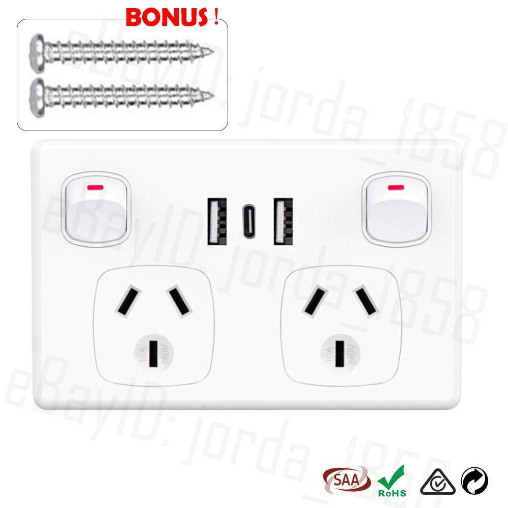 FAST Charge 10A amp Dual USB Type-C Double Power Point GPO Wall outlet ...