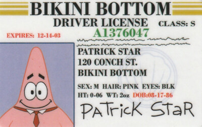 Bikini Bottom Starfish Animated CArtoon Show card Drivers License | eBay