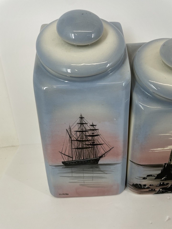 VTG Set 4 G.L. Hooton Hand Painted Ceramic Canisters Ships Lighthouse ...