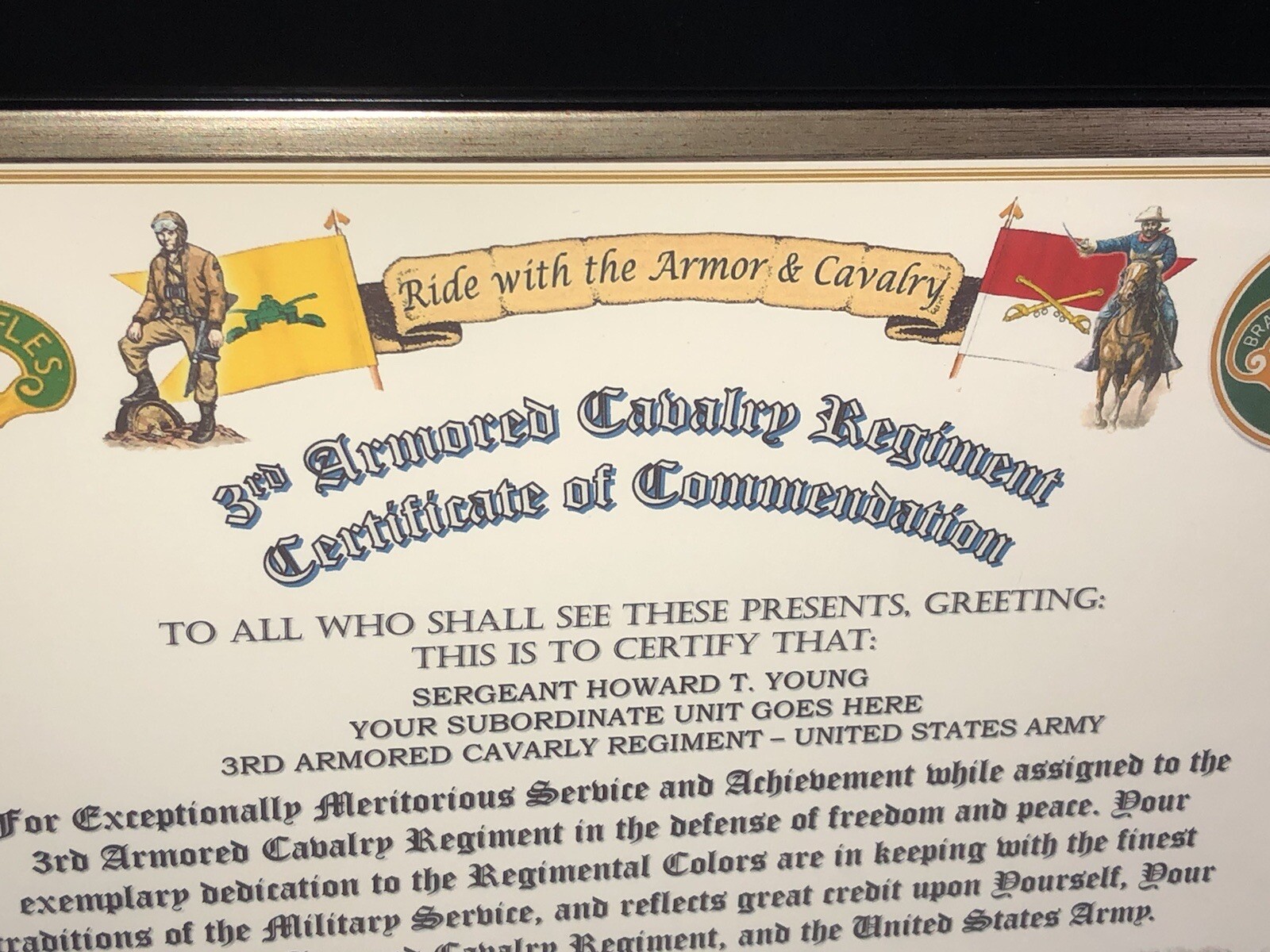 3RD ARMORED CAVALRY REGIMENT / COMMEMORATIVE - CERTIFICATE OF ...