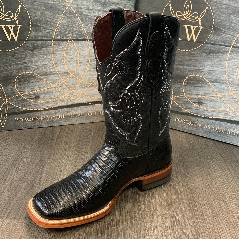 MEN'S RODEO COWBOY BOOTS LIZARD PRINT LEATHER WESTERN SQUARE TOE BLACK ...