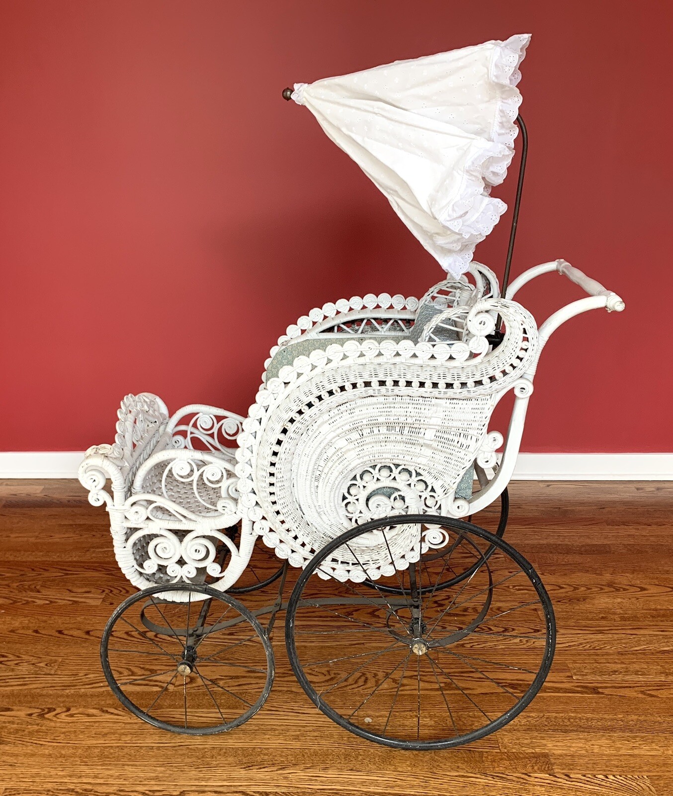 Late 19th Century Victorian Wicker Stroller / Carriage ~ Parasol ...